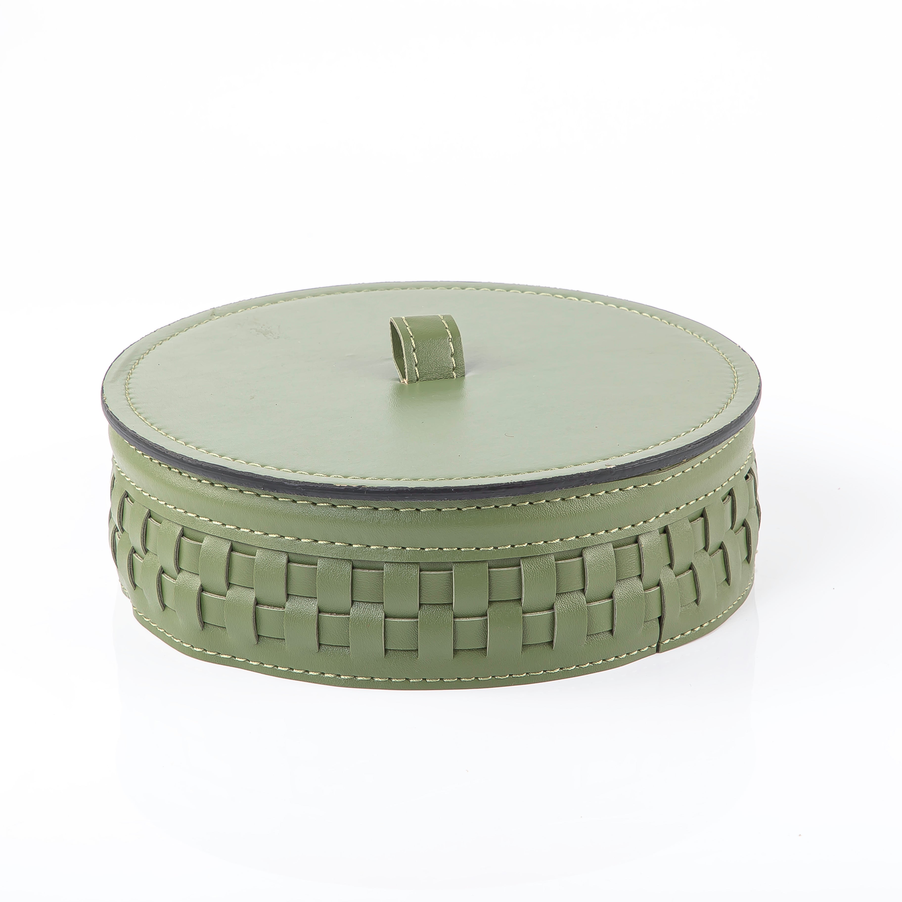 Round Leather Gergean Box with Braided Design and Lid - Large ...