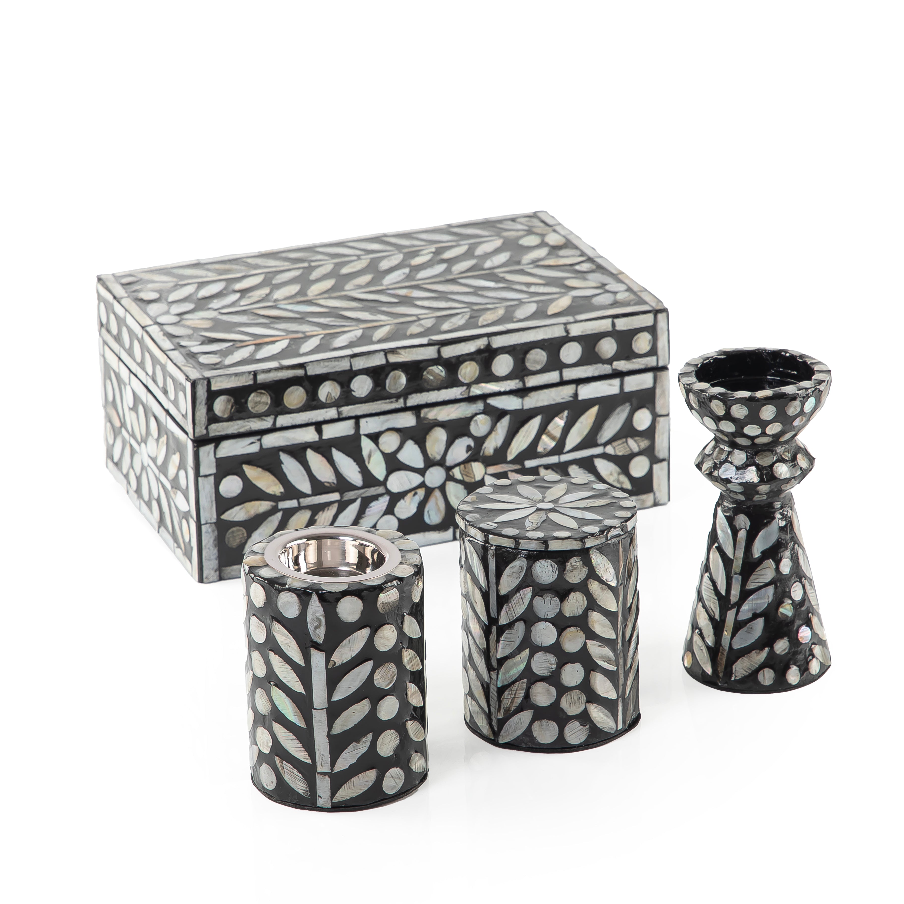 Set of mother pearl (mabkhar + bakhor box + candle holder ) in box - B ...