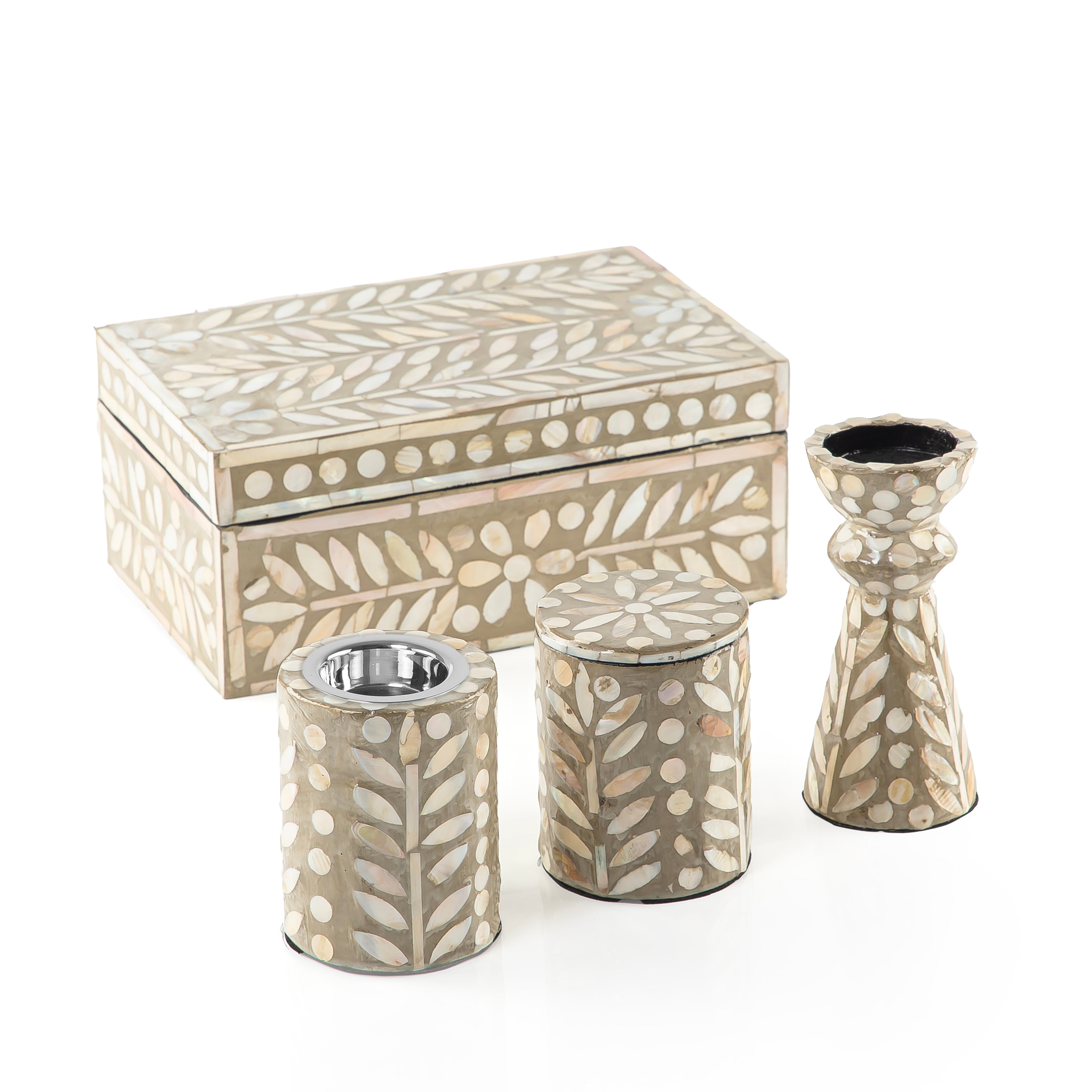 Set of mother pearl (mabkhar + bakhor box + candle holder ) in box - b ...