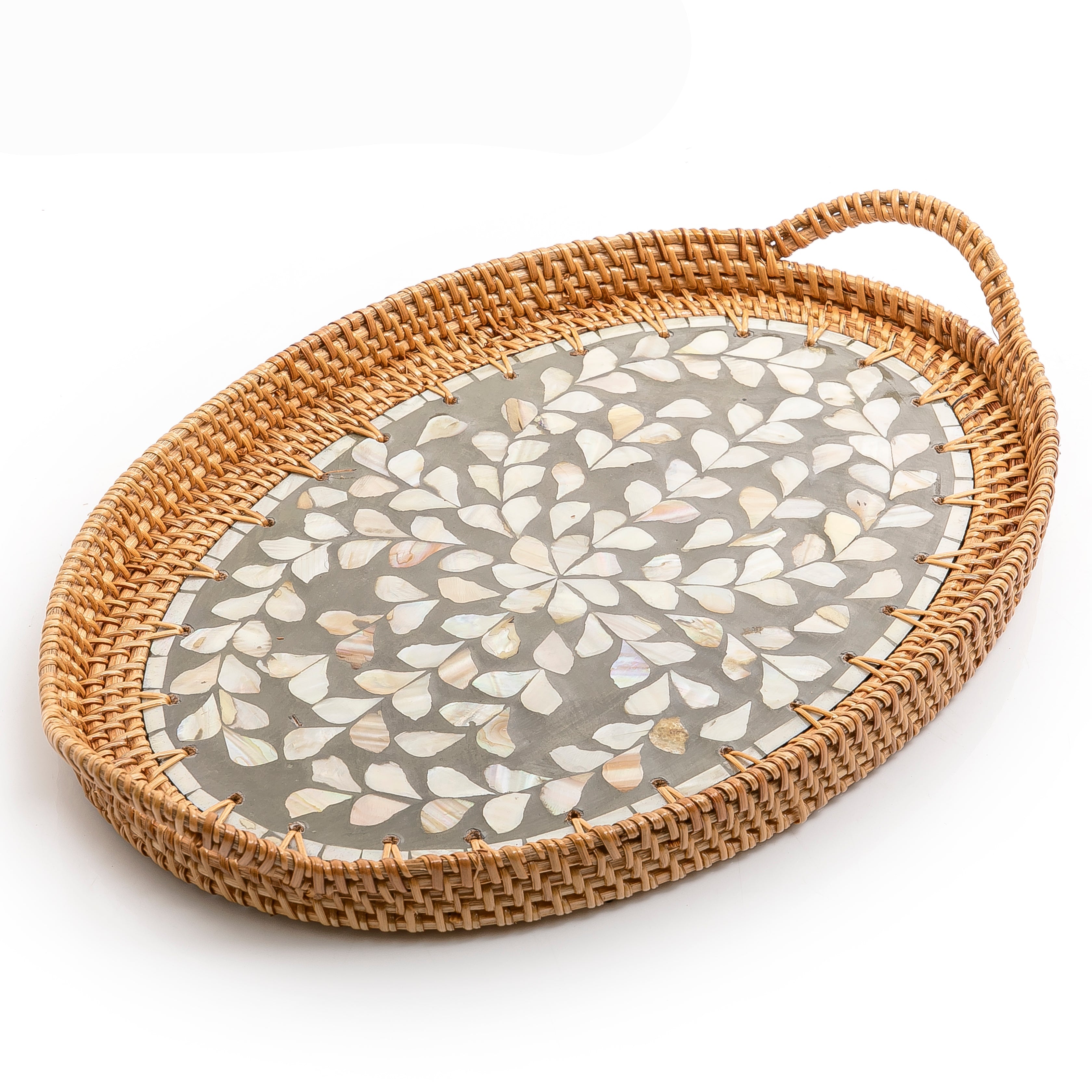 Grey Oval Vietnamese Mop And Rattan Tray &VerticalLine;